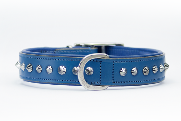 Blue Leather Dog Collar - Imperial Blue & Chrome (Slim Fit)